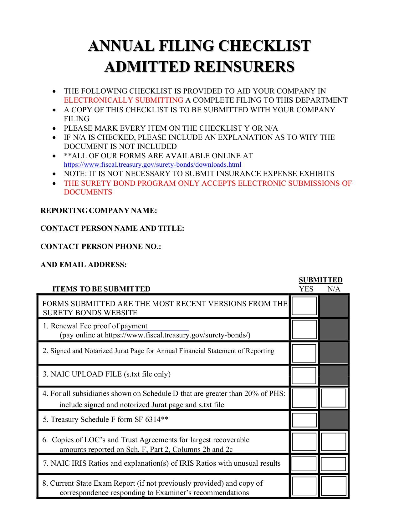 Annual Filing Checklist Admitted Reinsure Form | Fill and sign online ...