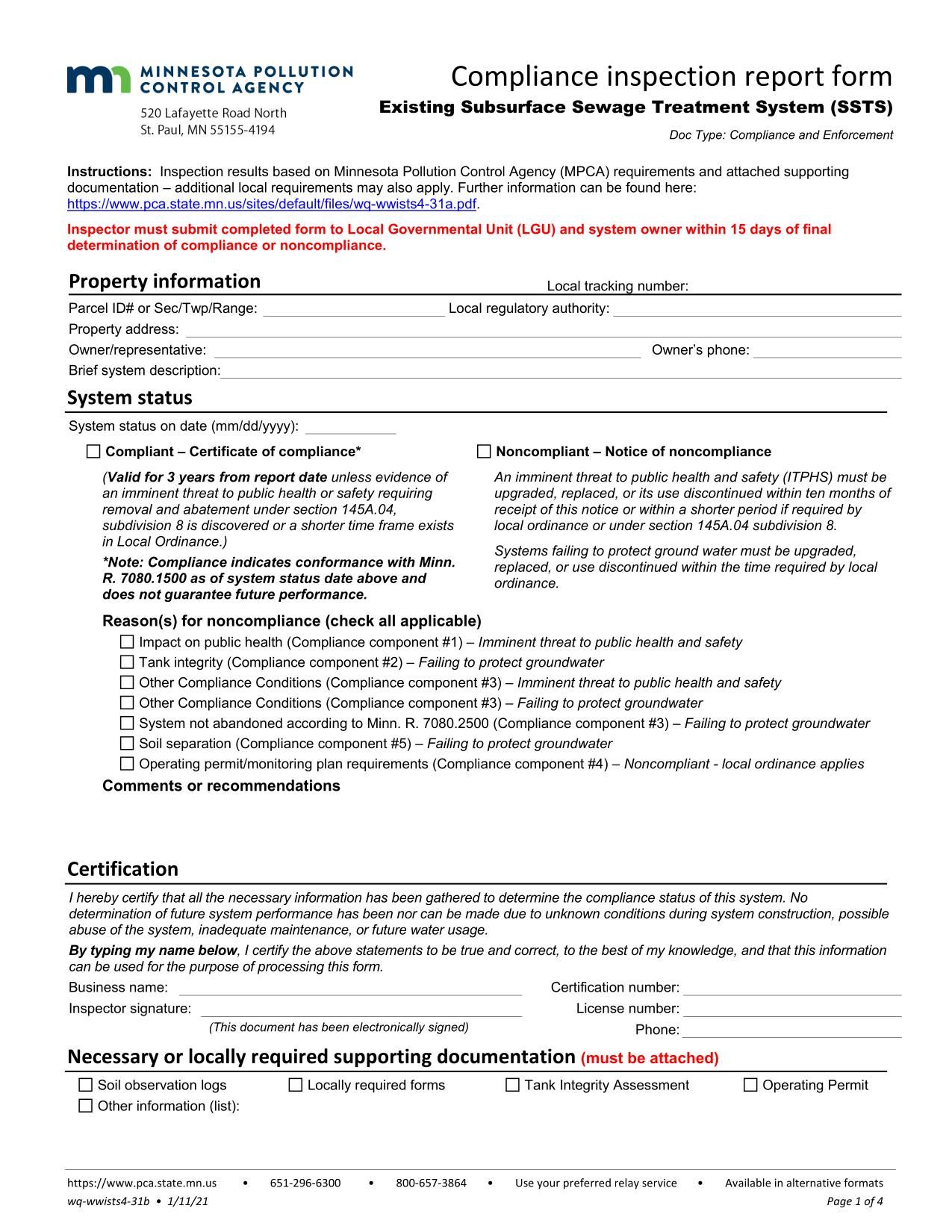 Minnesota Compliance Inspection Report Form | Fill and sign with Lumin