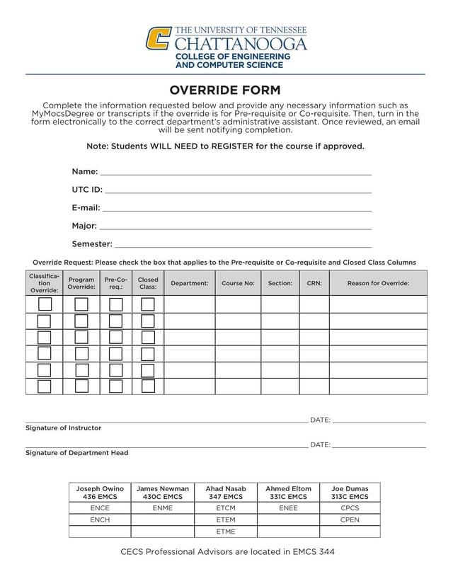 The University of Tennessee Chattanooga CECS Override Form | Fill and ...