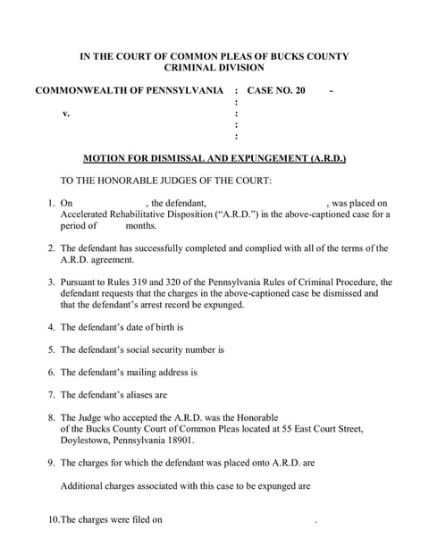 Motion for Dismissal and Expungement ARD Form | Fill and sign online ...