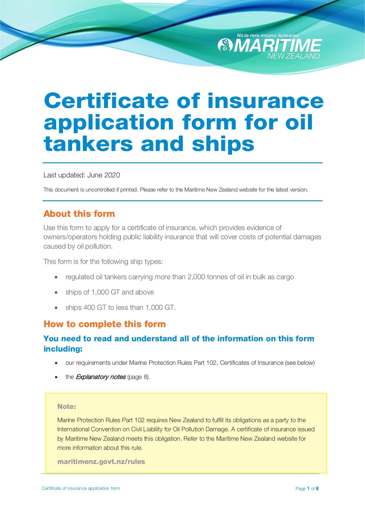 Certificates of Insurance Application Form for Oil Tankers and Ships ...