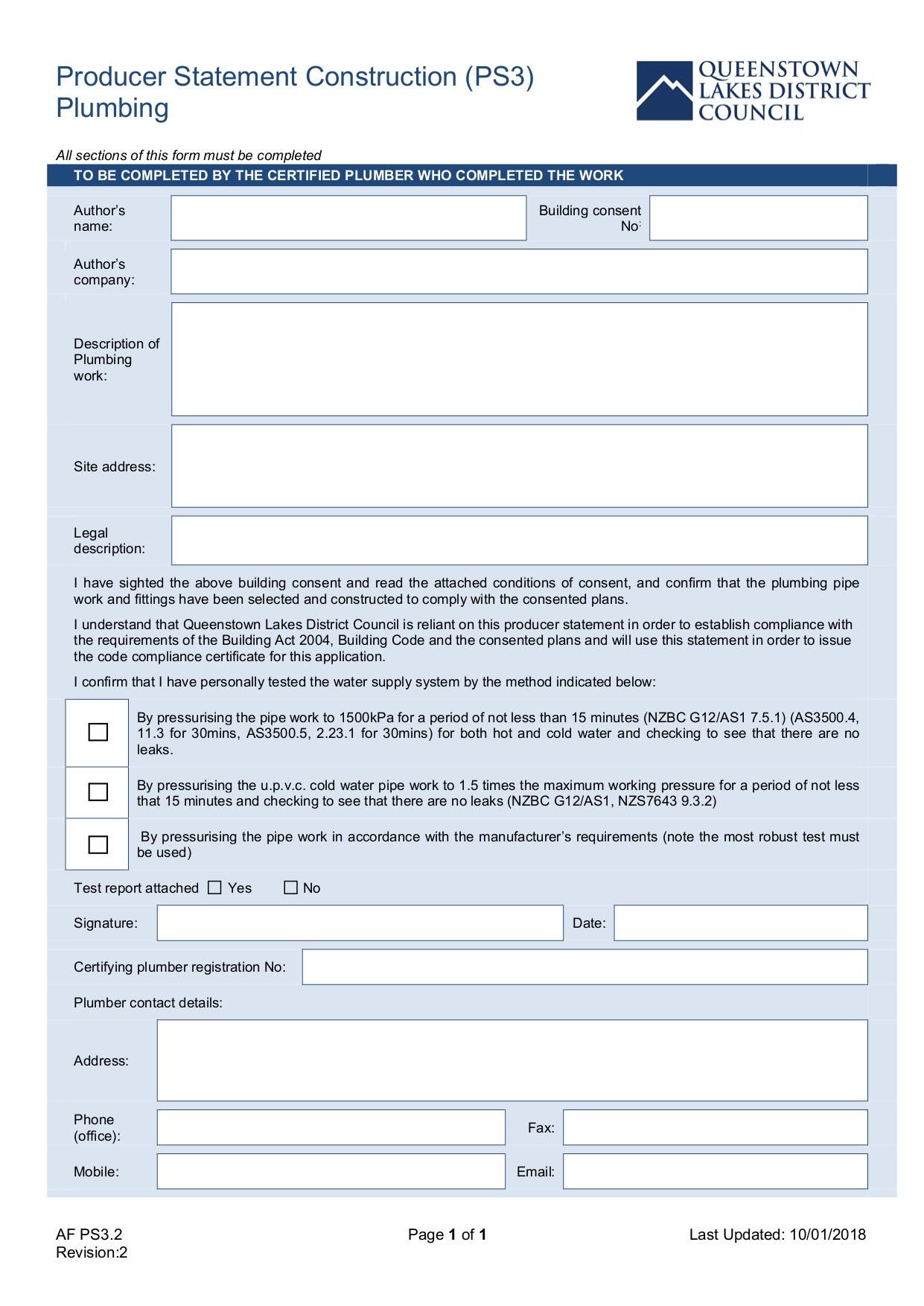 AF PS32 Producer Statement Construction PS3 Plumbing | Fill and sign ...