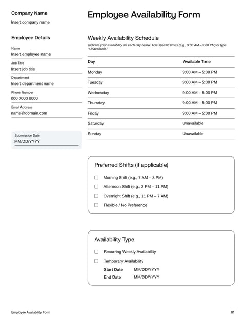 Employee Availability Form Template | Fill and sign with Lumin