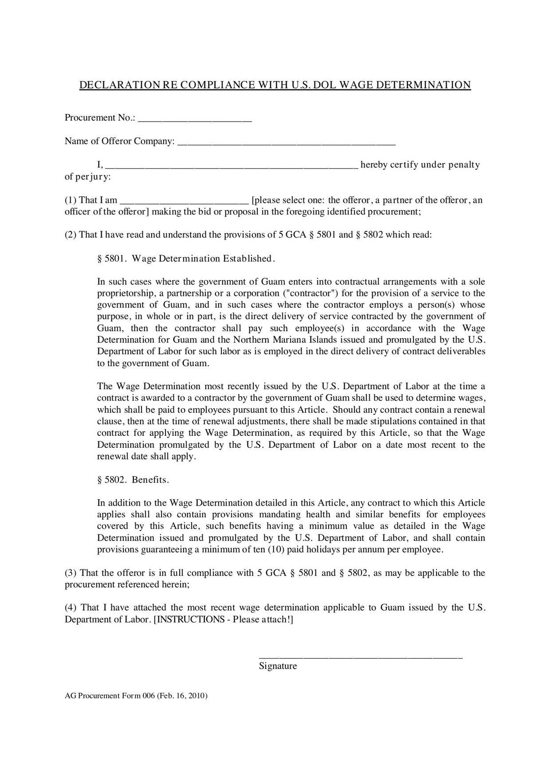Form 006 - Declaration re Compliance with U.S. DOL Wage Determination ...