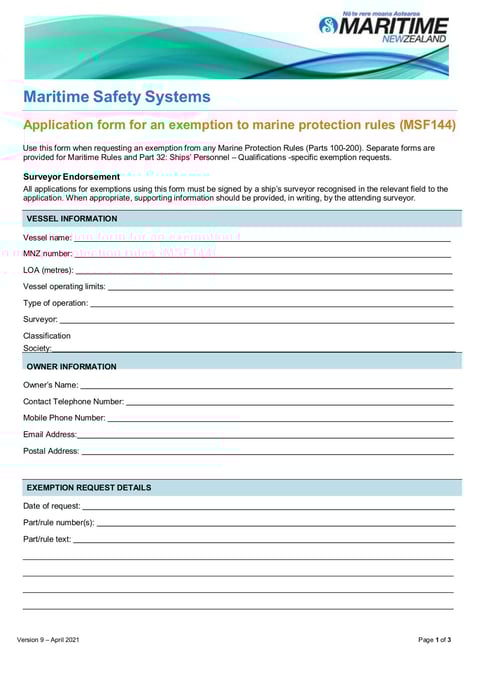 Application Form For An Exemption to Marine Protection Rules | Fill and ...