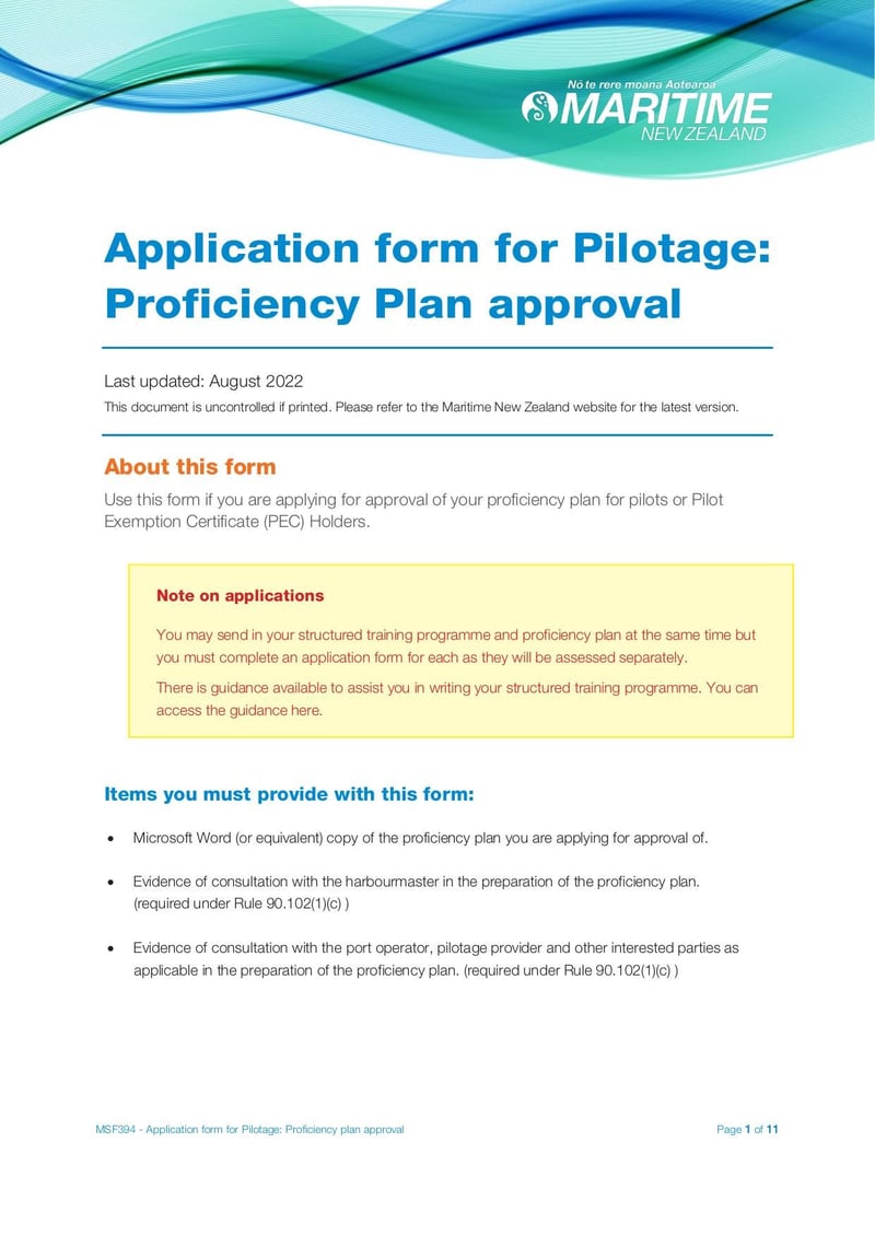 Application form for Pilotage: Proficiency Plan approval | Fill and ...