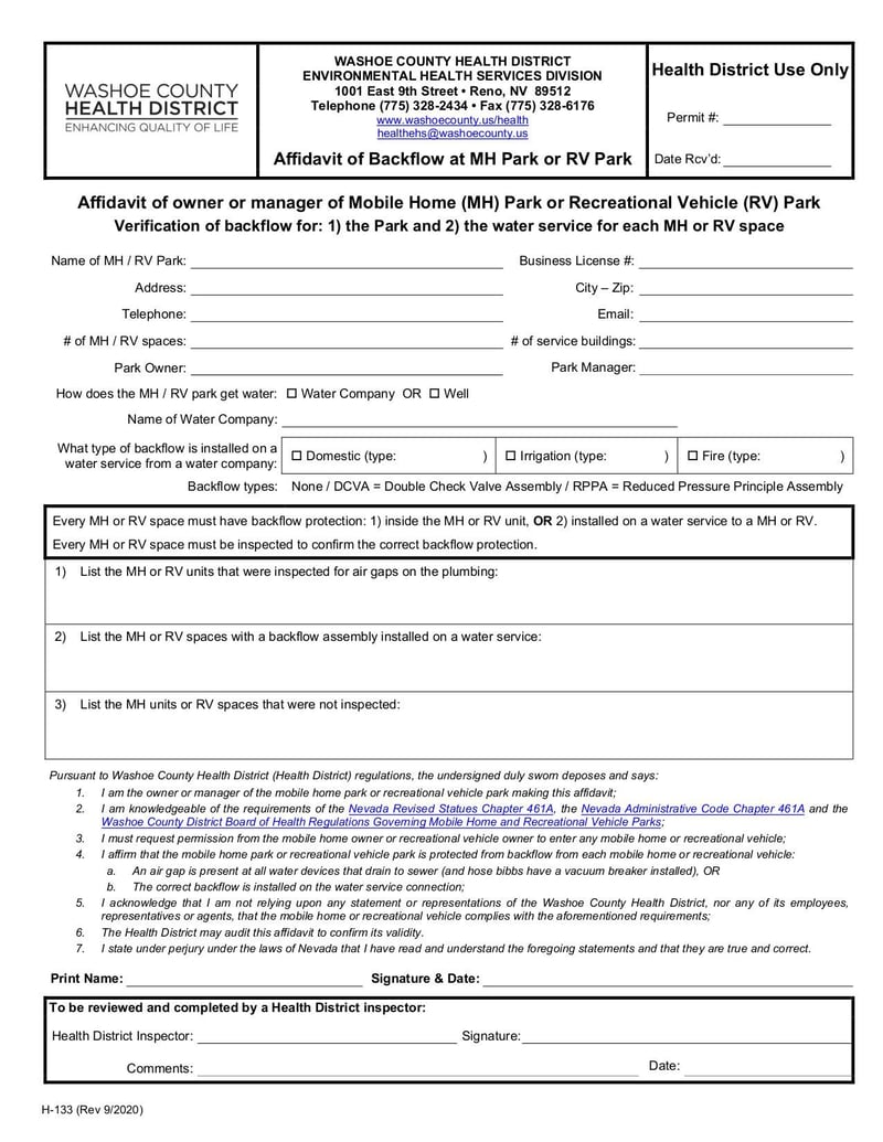 Affidavit of Backflow at MH Park or RV Park | Fill and sign online with ...
