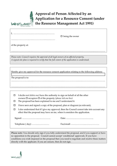 Approval of Person Affected by an Application for Resource Consent ...