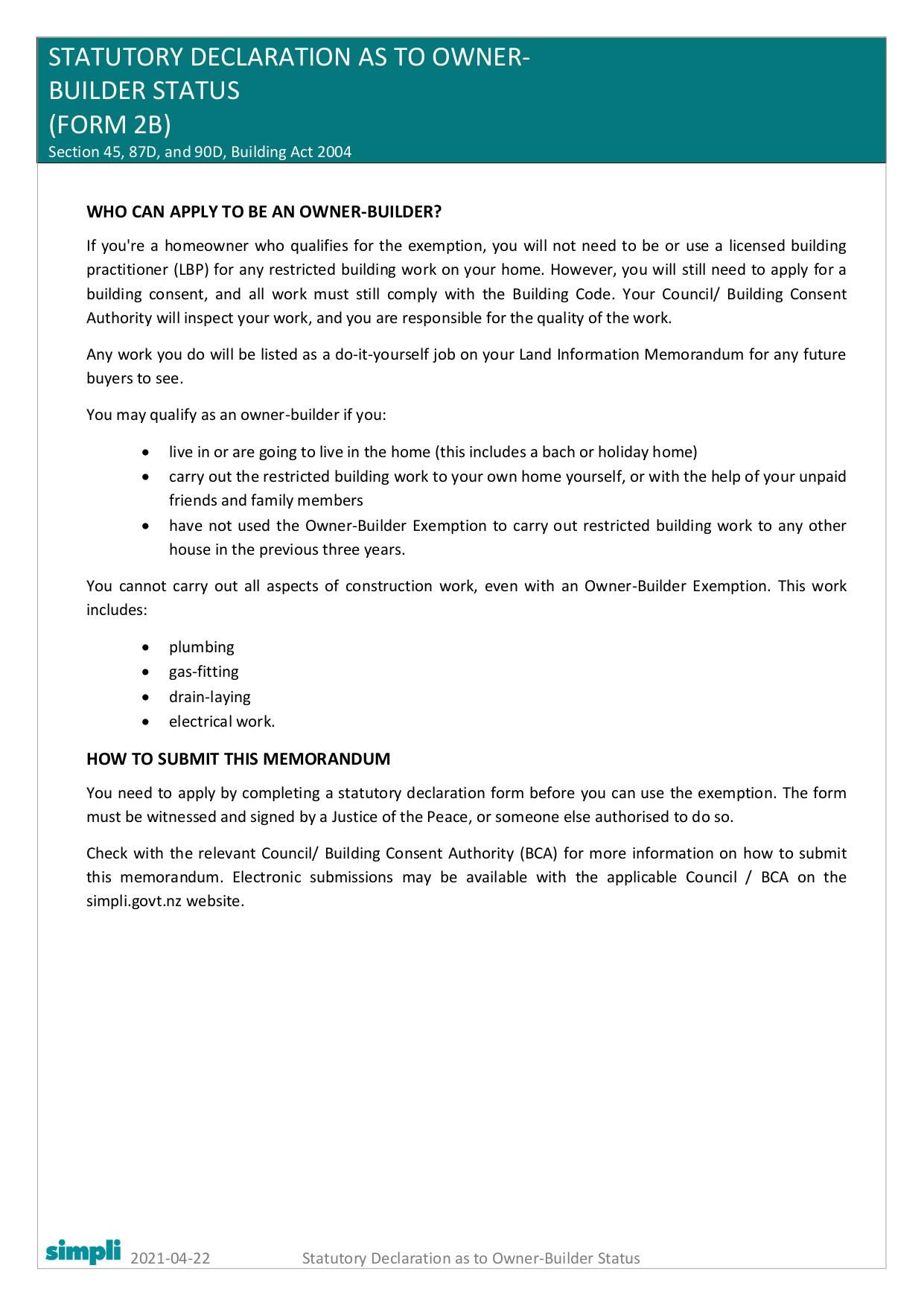 Statutory Declaration as to Owner-Builder Status | Fill and sign online with Lumin