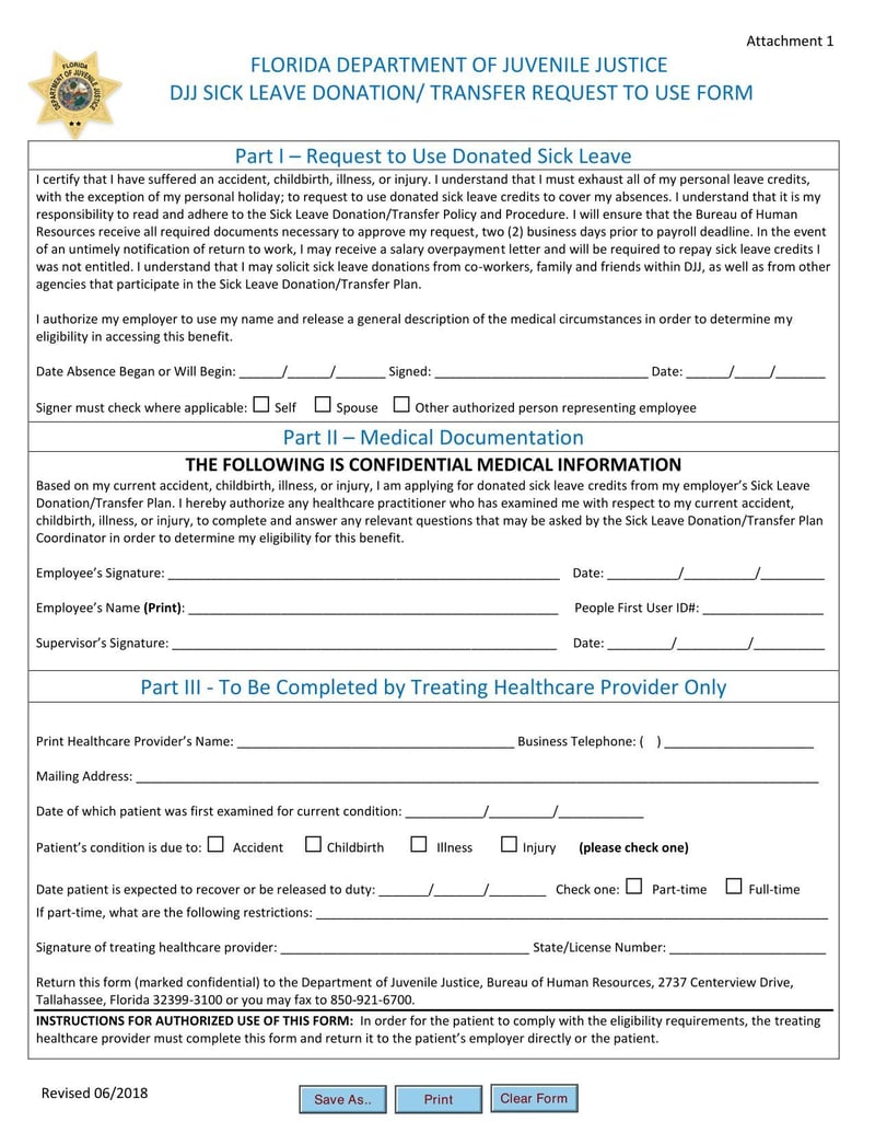Florida DJJ Sick Leave Donation/Transfer Request To Use Form | Fill and ...