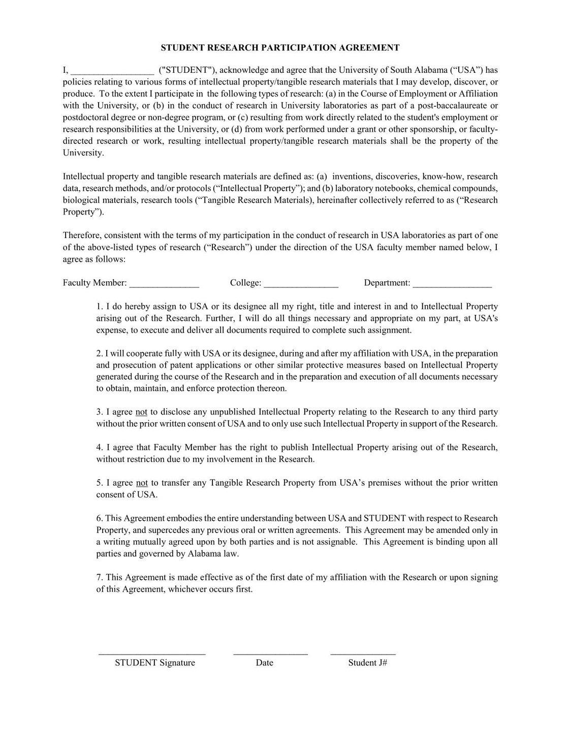 University of South Alabama Student Research Participation Agreement ...