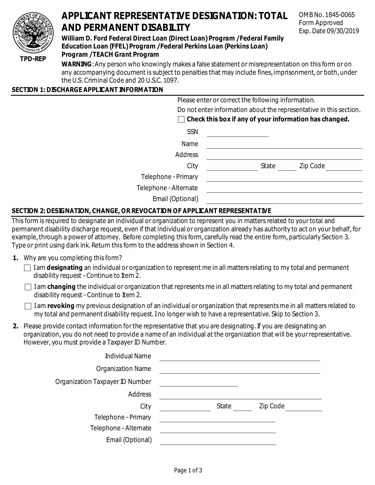 Applicant Representative Designation: Total and Permanent Disability ...