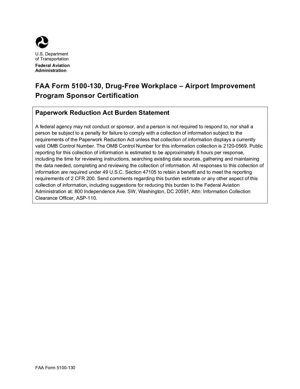 FAA Form 5100-130 Sponsor Certification Drug Free | Fill and sign ...