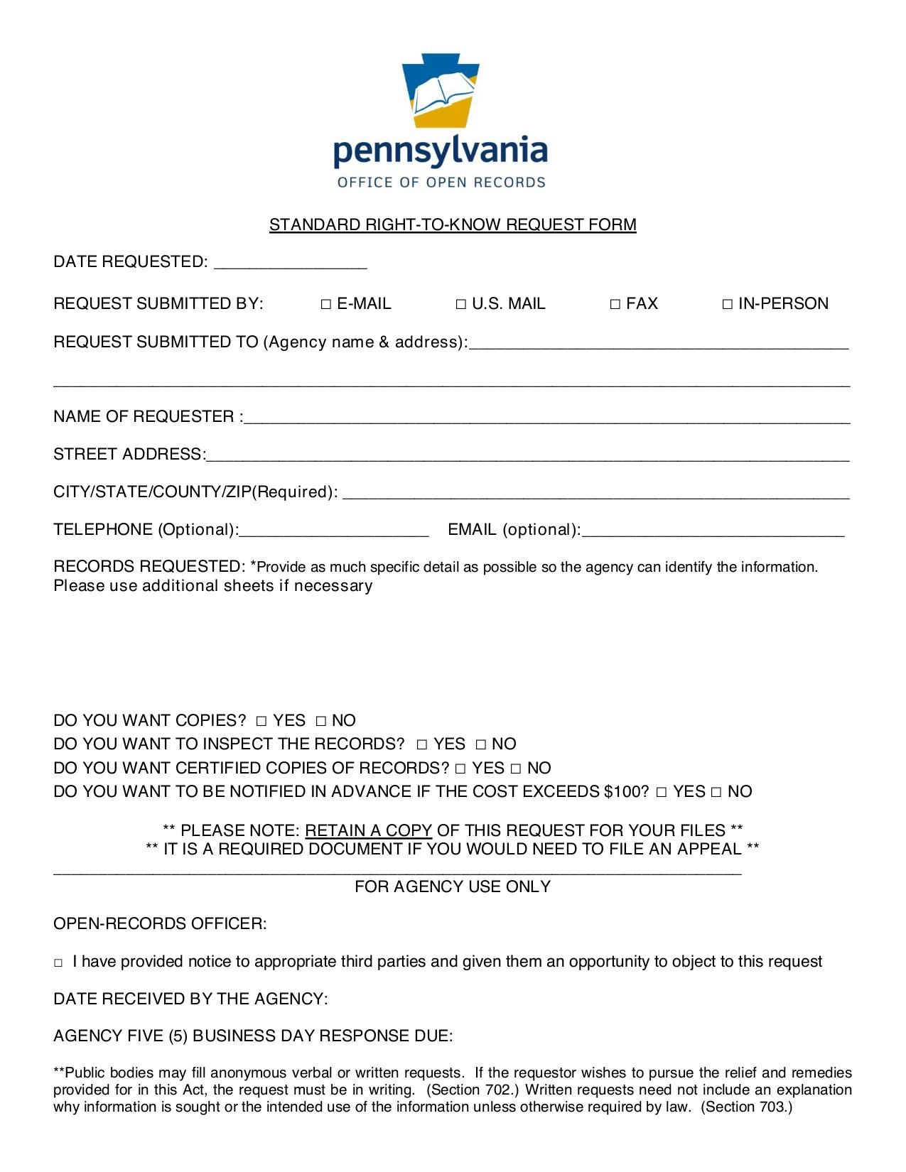 Standard Right-to-Know Law Request Form | Fill and sign online with Lumin