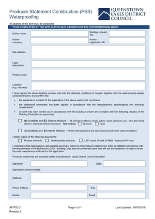 Producer Statement Construction (PS3) Waterproofing Form | Fill and ...