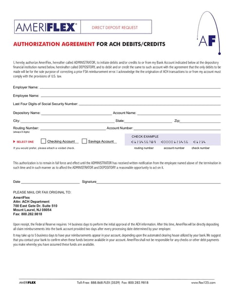 AMERIFLEX Authorization Agreement for ACH Debits/Credits | Fill and ...