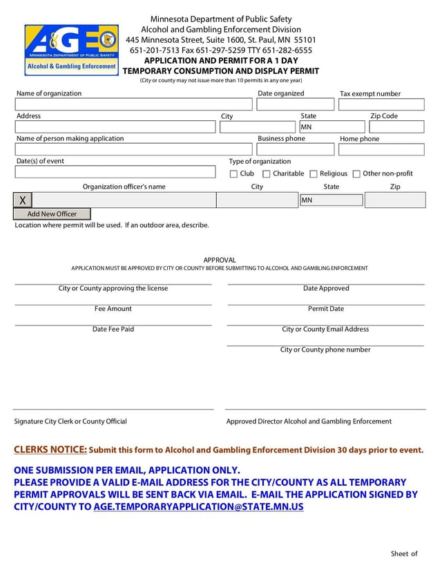 Application and Permit for 1 Day Temporary Consumtion and Display ...