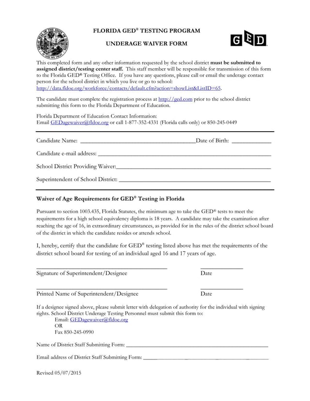 Florida GED Testing Program Underage Waiver Form | Fill and sign with Lumin