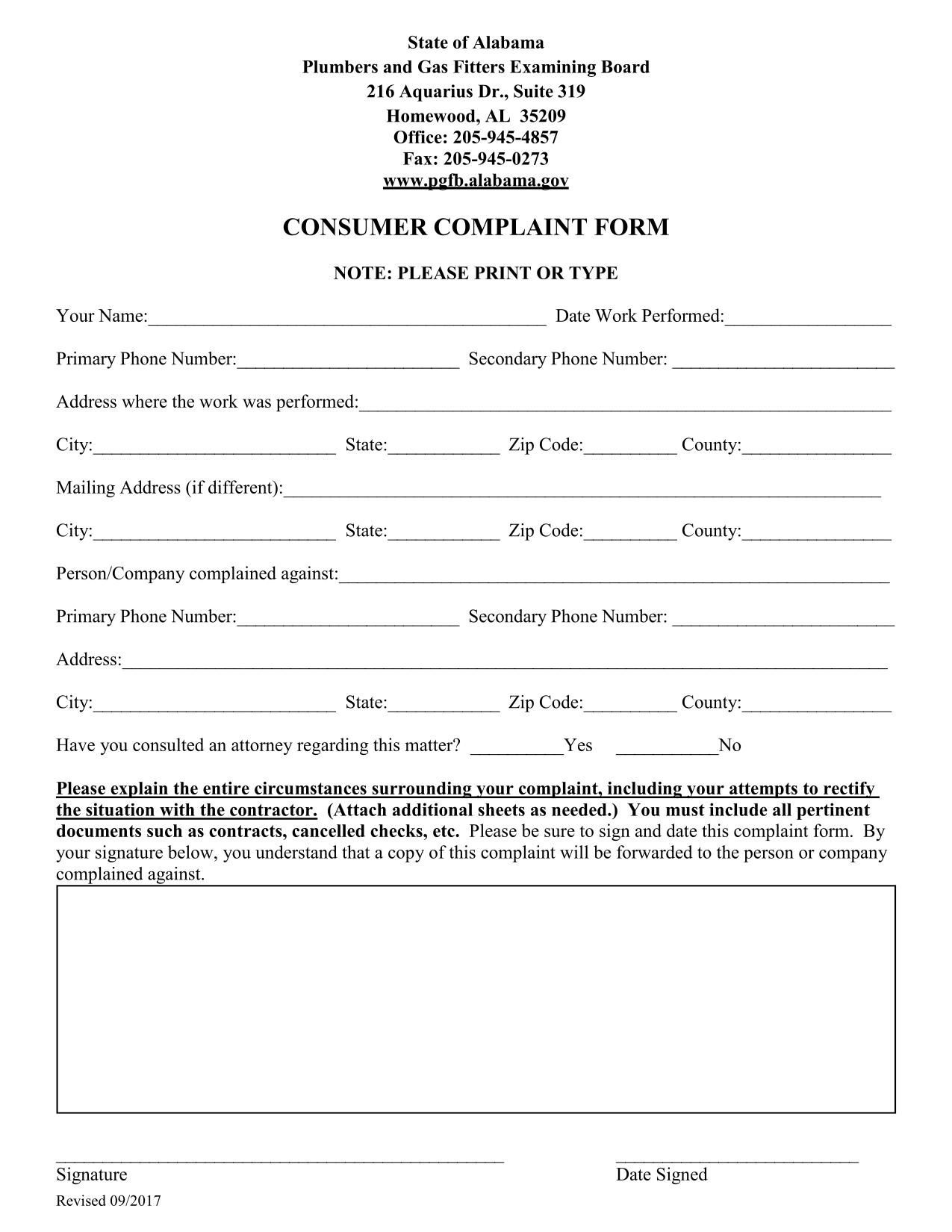 Plumbers and Gas Fitters Consumer Complaint Form | Fill and sign with Lumin