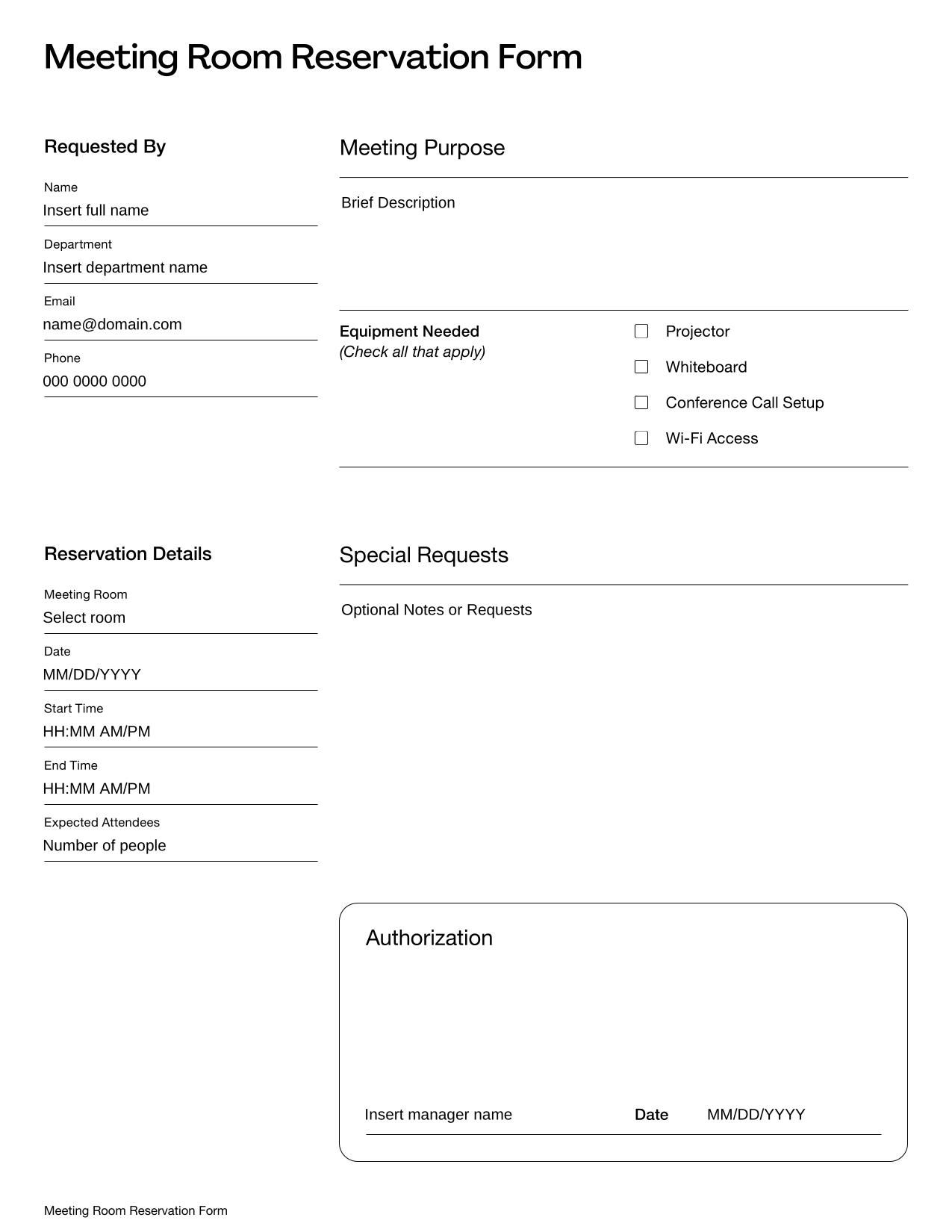 Meeting Room Reservation Form Template | Fill and sign with Lumin