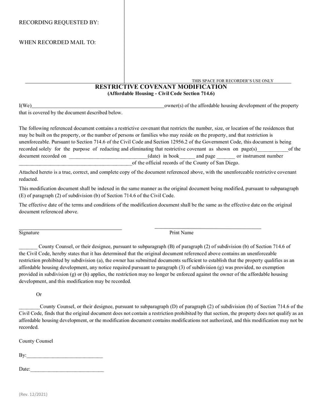 Restrictive Covenant Modification Affordable Housing Request | Fill and ...
