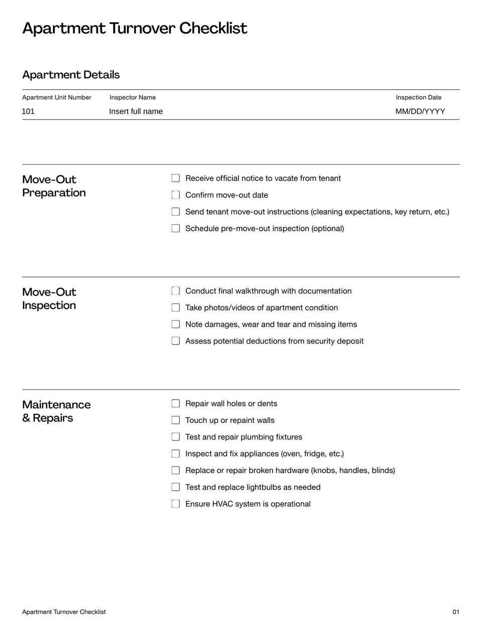 Apartment Turnover Checklist | Fill and sign online with Lumin