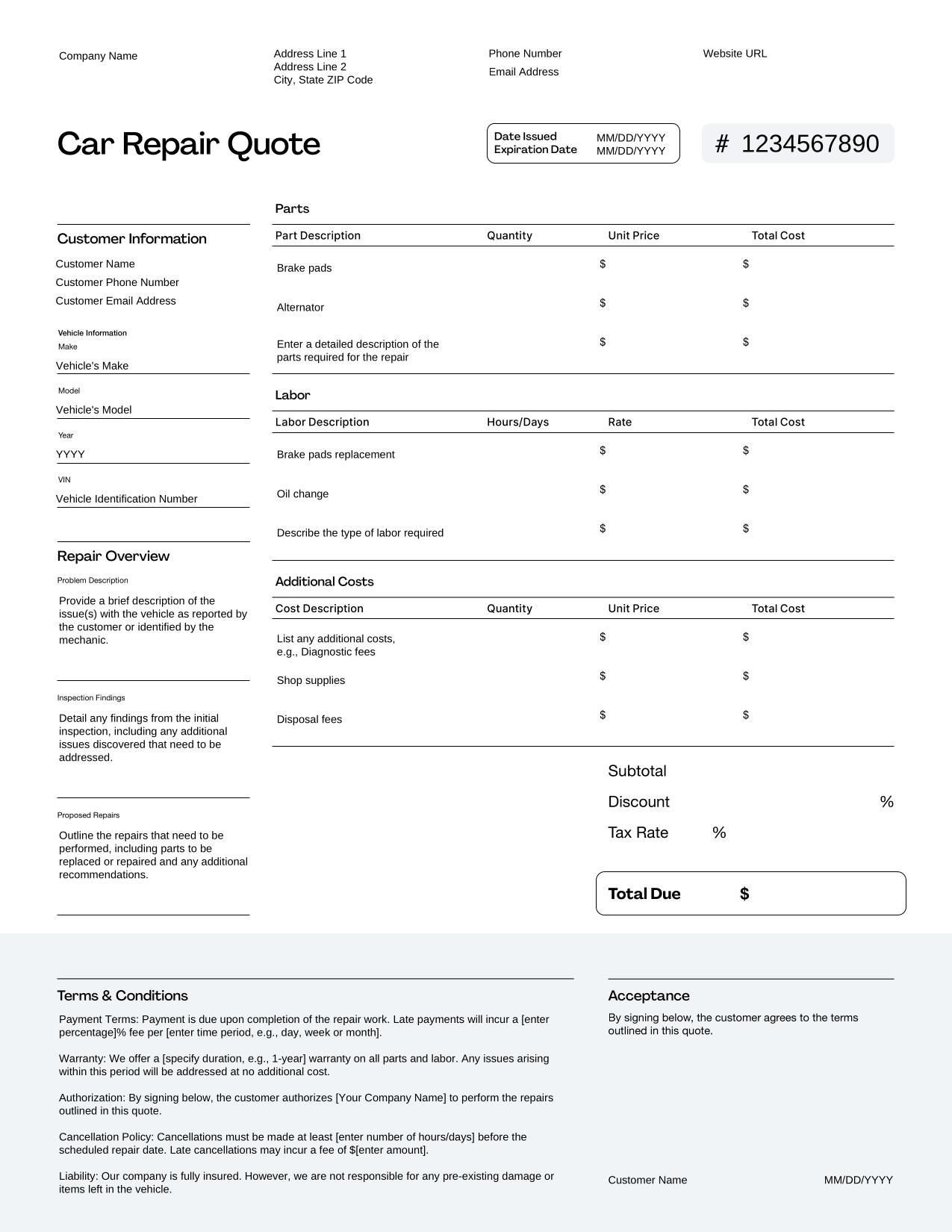 Car Repair Quote Template | Fill and sign with Lumin
