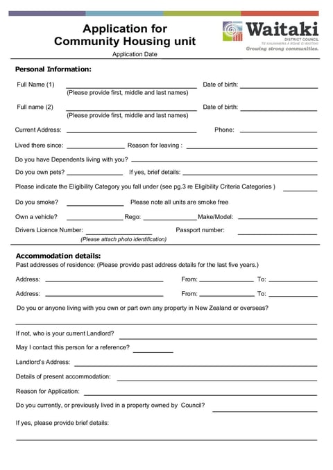 Waitaki District Council Application Form for Community Housing Unit ...