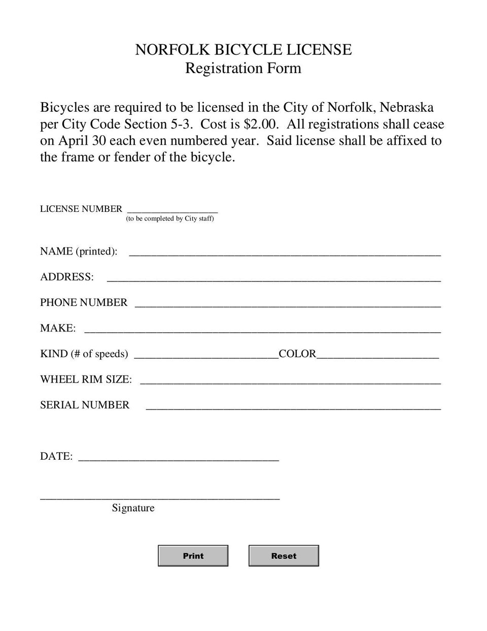 Norfolk Bicycle License Registration Form | Fill and sign online with Lumin