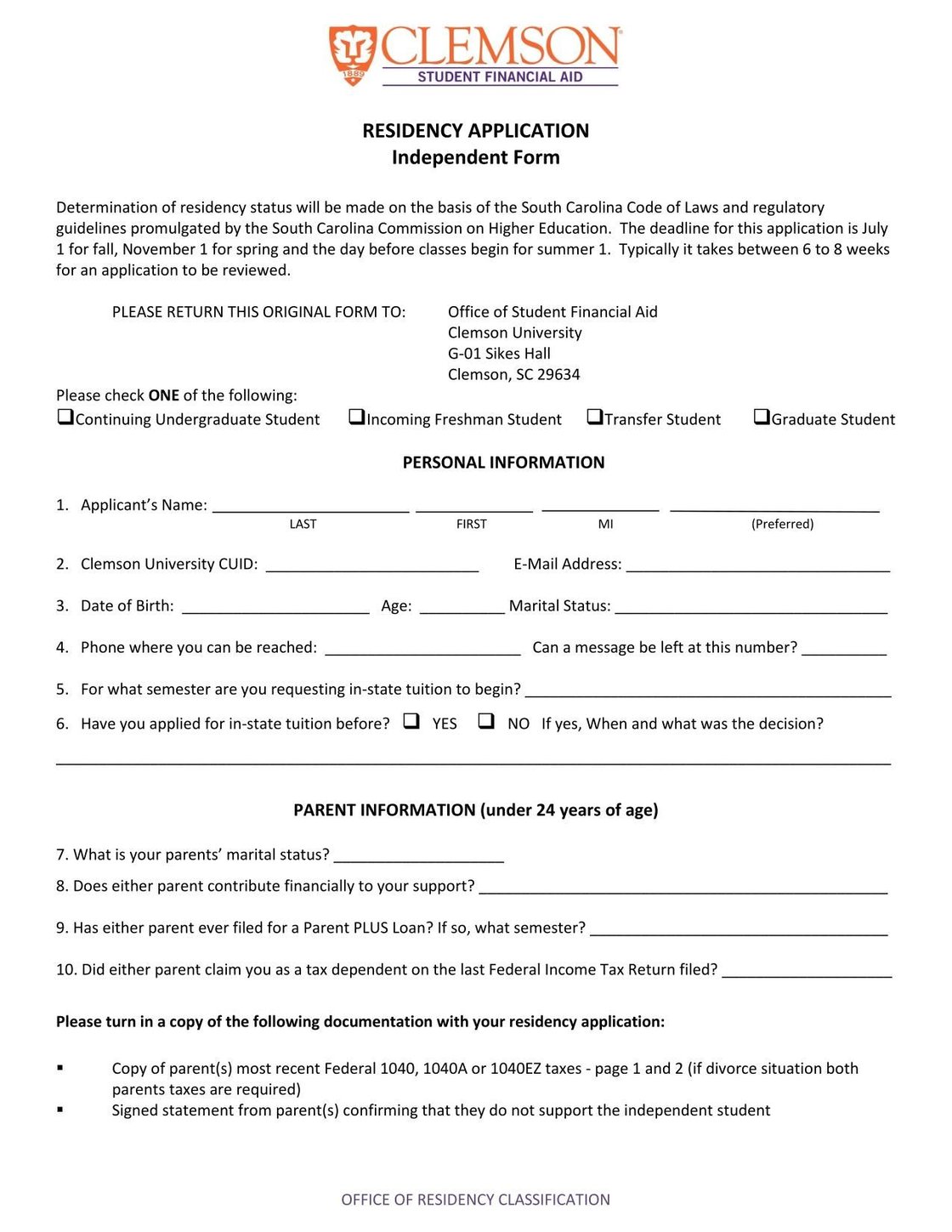 Clemson University Residency Application Independent Form | Fill and sign with Lumin