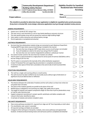Eligibility Checklist for Expedited Residential Solar Photovoltaic ...