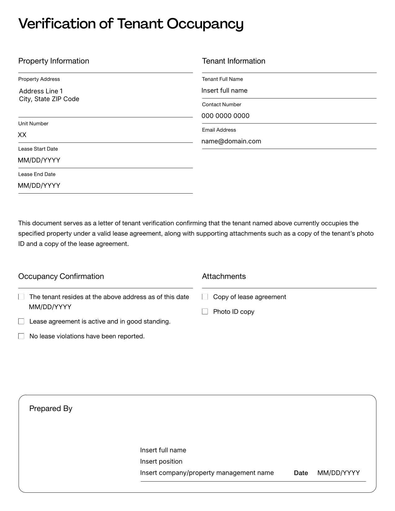 Verification of Tenant Occupancy Template | Fill and sign online with Lumin