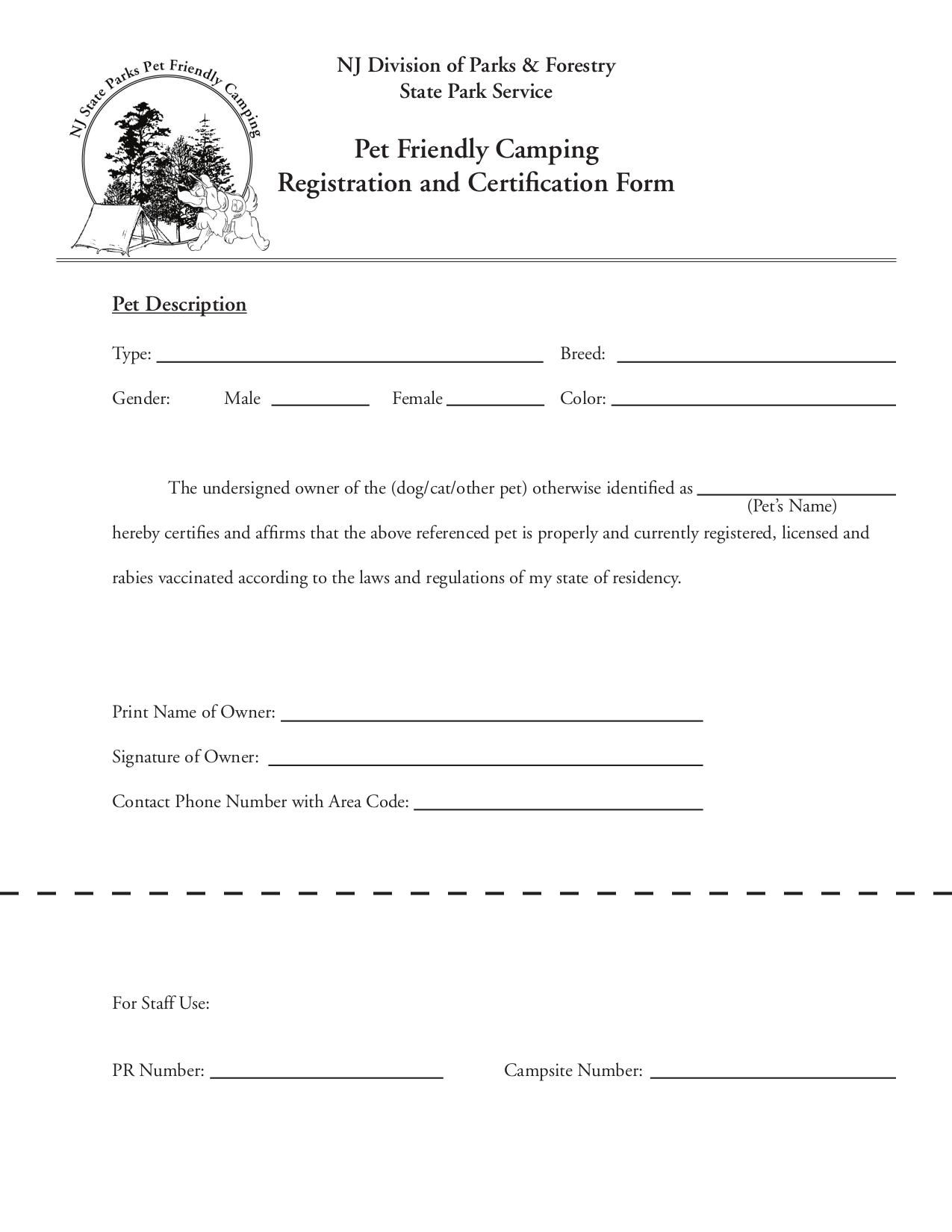 Pet Friendly Camping Registration and Certification Form | Fill and ...