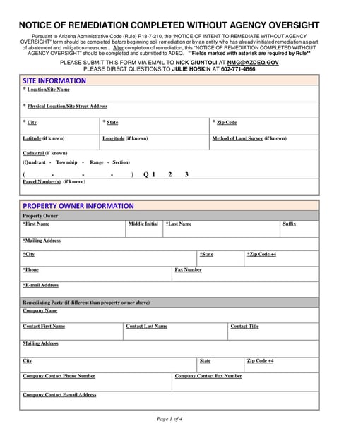 Notice of Remediation Completed Without Agency Oversight | Fill and ...