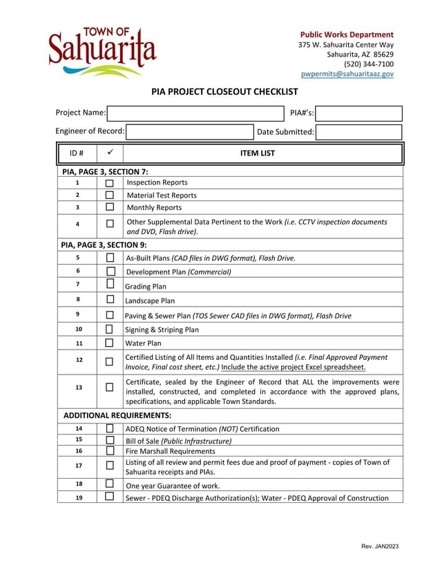 Town of Sahuarita PIA Project Closeout Checklist| Fill and sign with Lumin