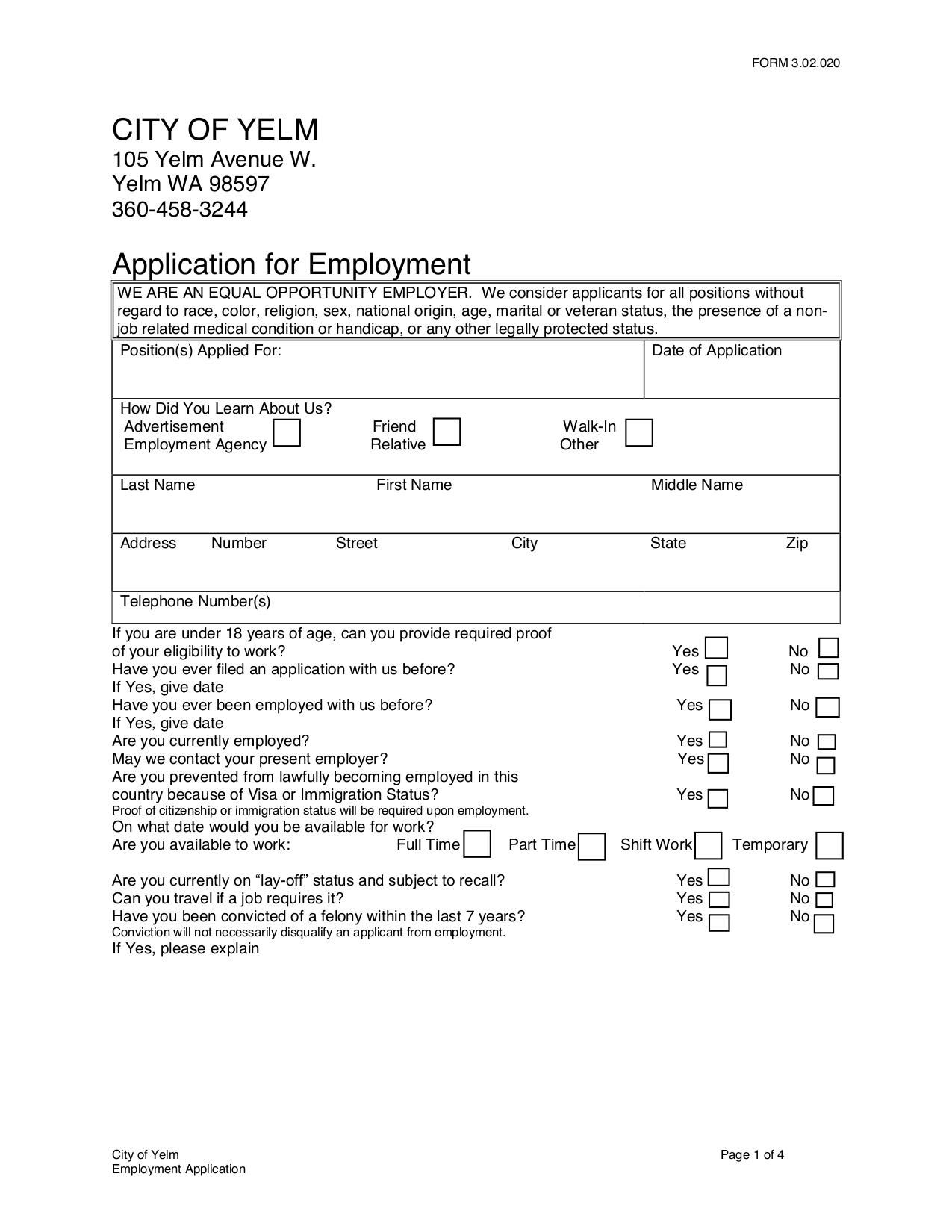 City of Yelm Application for Employment (Form 3.02.020) | Fill and sign ...