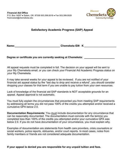 Chemeketa Community College Satisfactory Academic Progress (SAP) Appeal ...