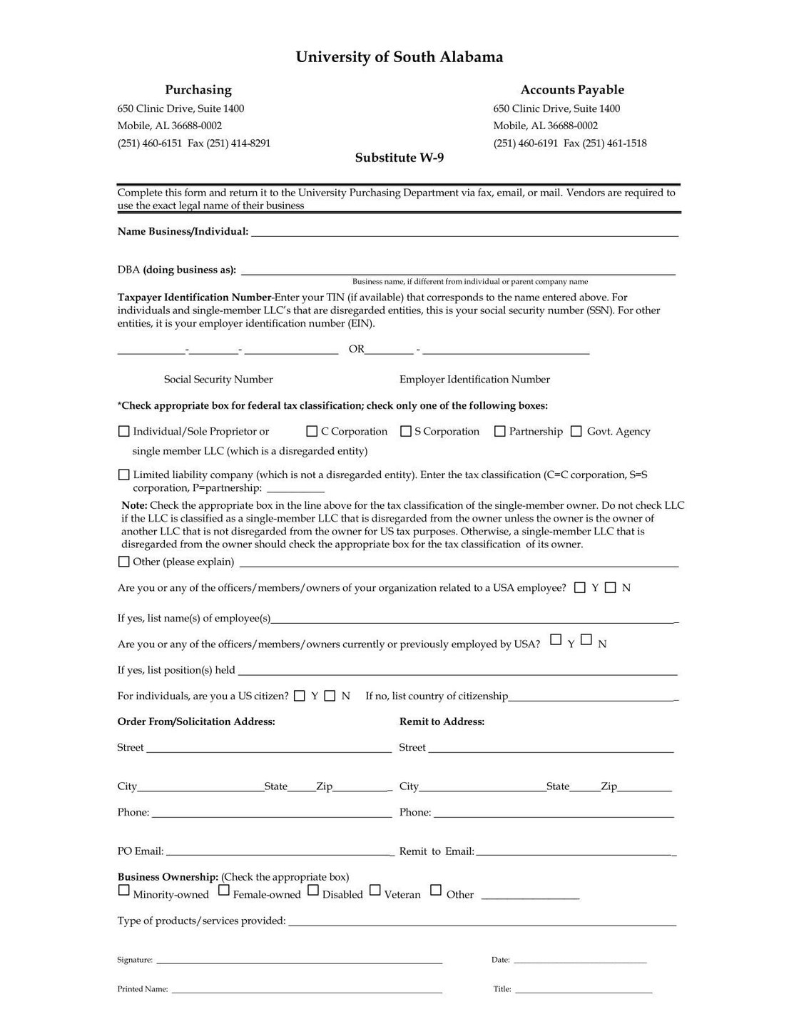 University of South Alabama Substitute W-9 | Fill and sign with Lumin