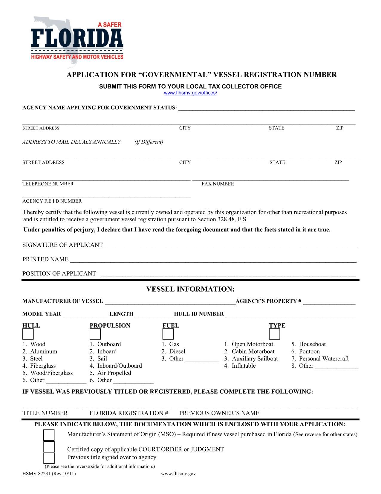Florida Application for Governmental Vessel Registration Number | Fill ...