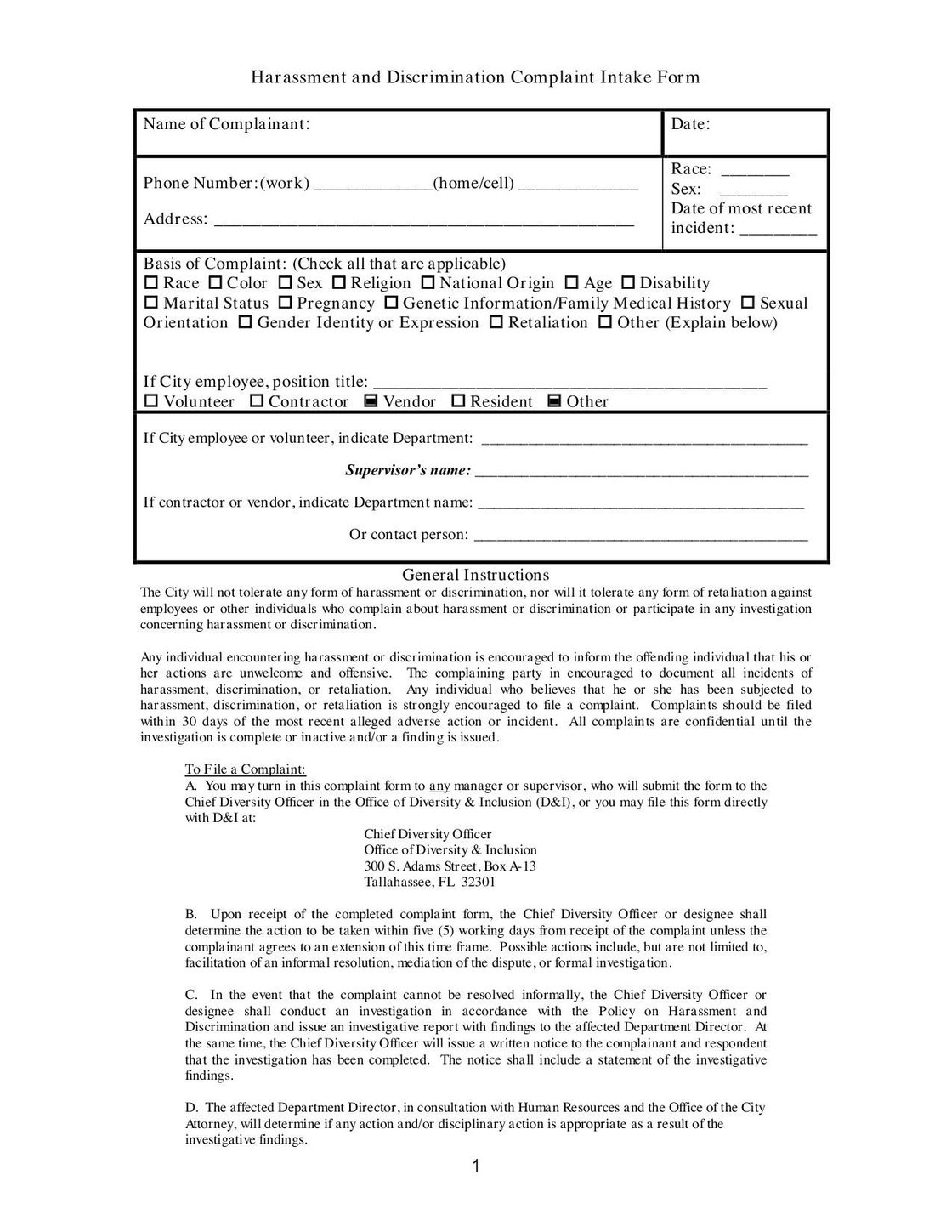 Harassment and Discrimination Complaint Intake Form | Fill and sign ...
