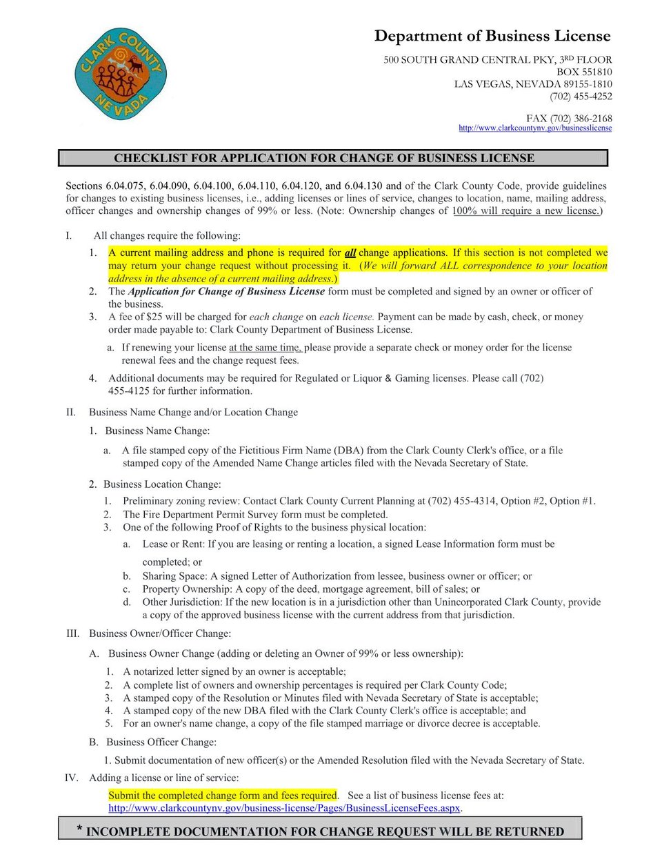 Clark County Application for Change of Business License | Fill and sign ...