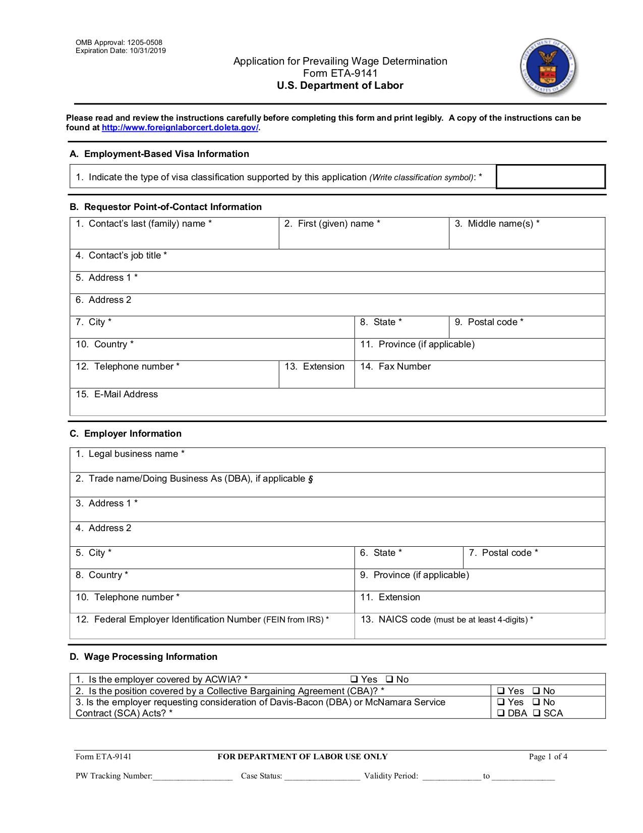 Application for Prevailing Wage Determination Form ETA-9141 | Fill and ...