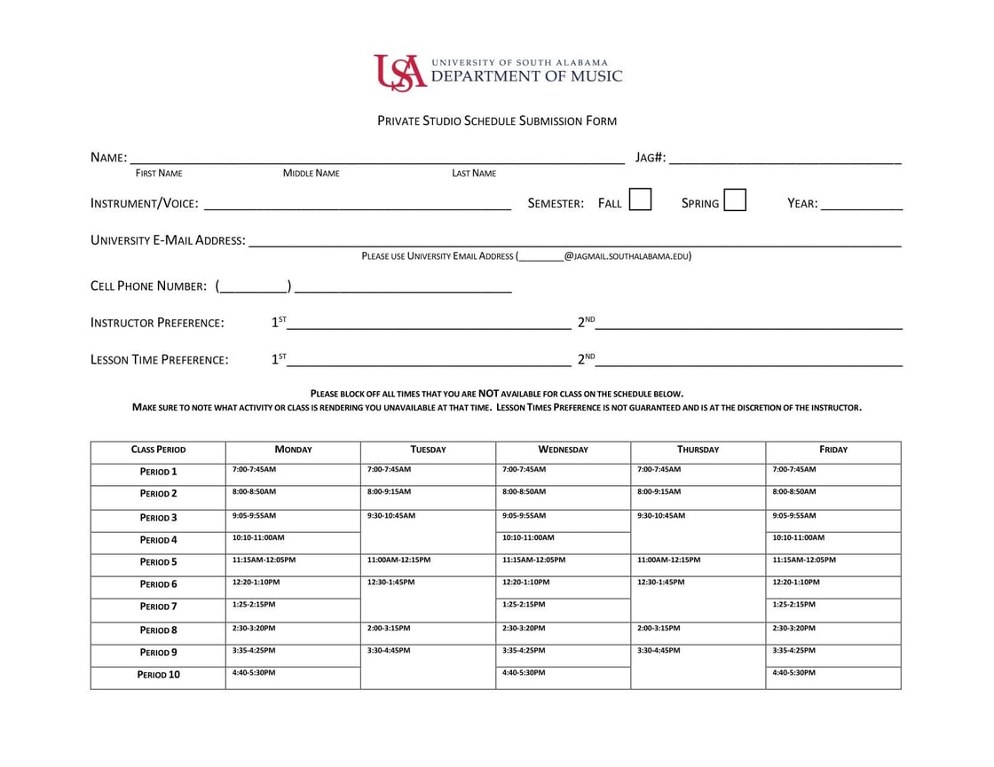 University of South Alabama Private Studio Schedule Submission Form ...