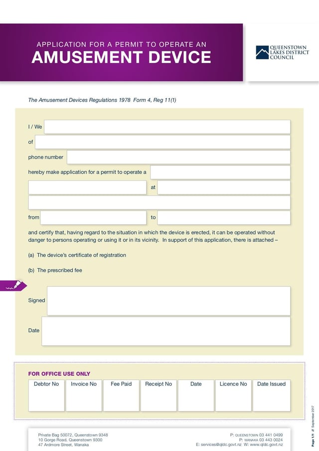 QLDC Application for a Permit to Operate an Amusement Device | Fill and ...