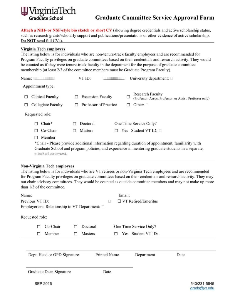 Virginia Tech Graduate Committee Service Approval Form | Fill and sign ...
