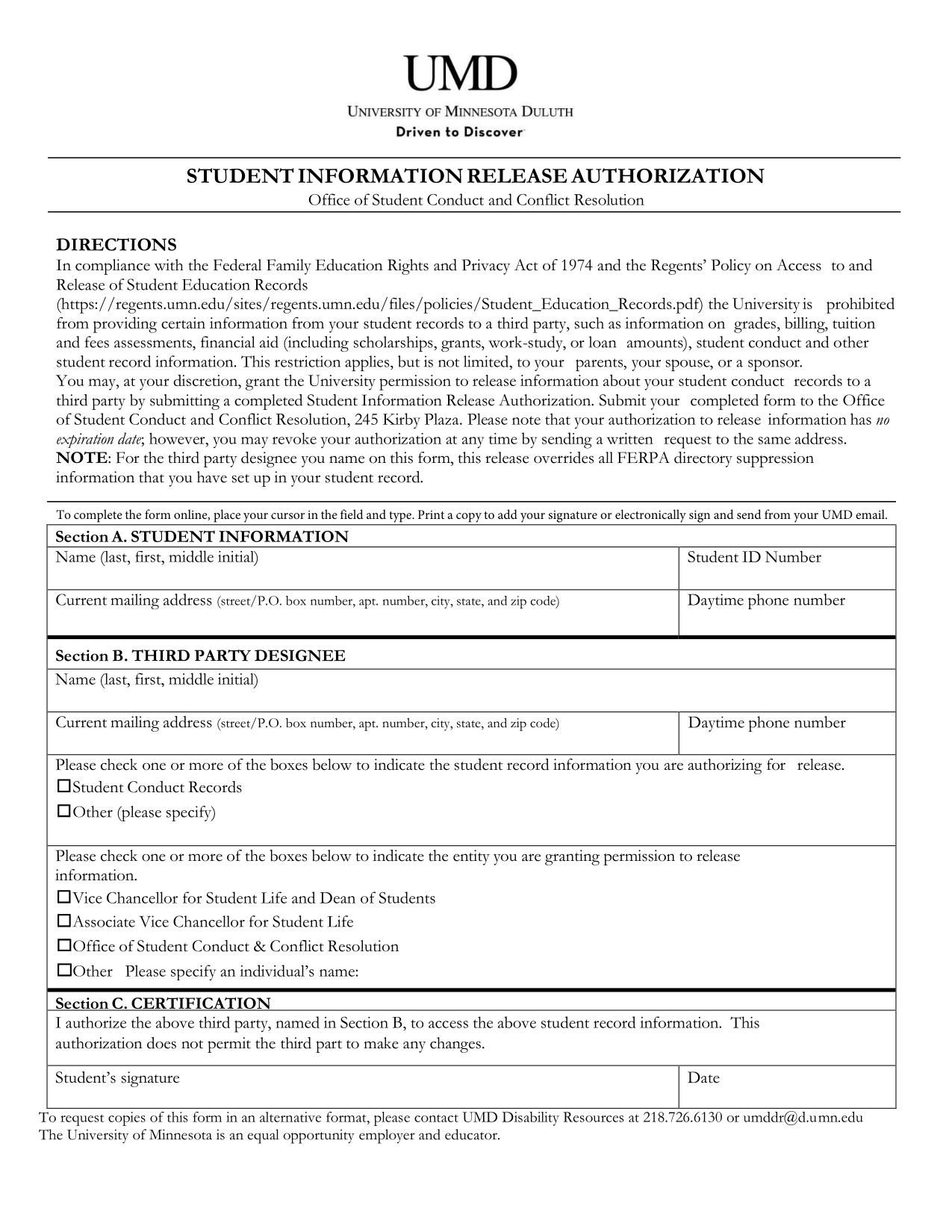 UMD Student Information Release Authorization | Fill and sign with Lumin