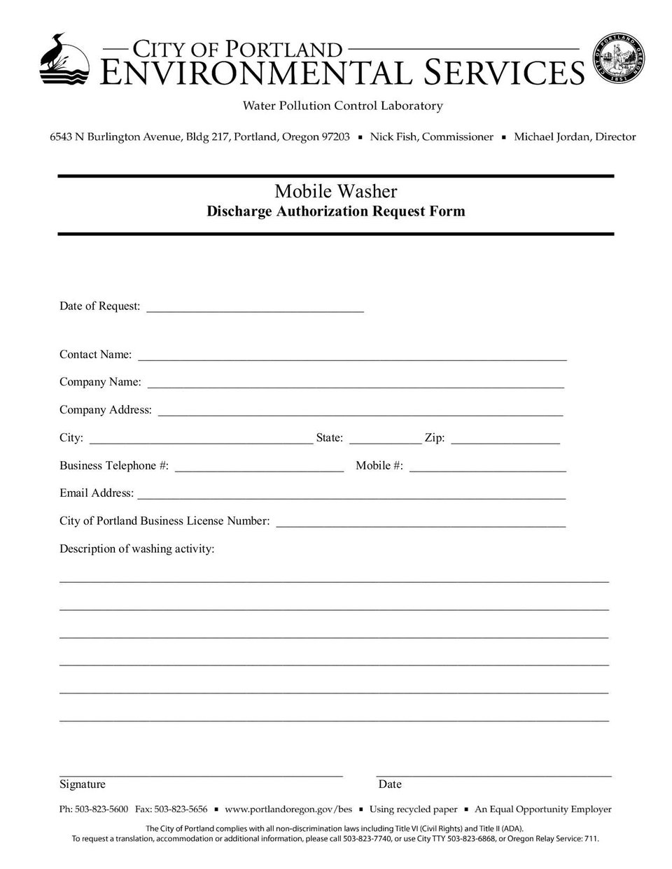 Mobile Washer Discharge Authorization Request Form | Fill and sign ...