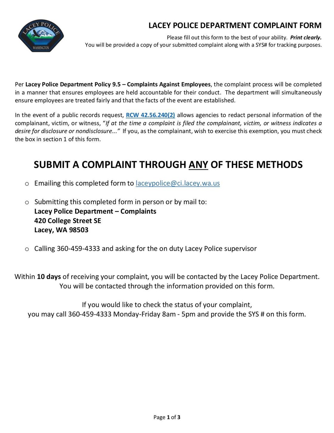 Police Complaint Form Template