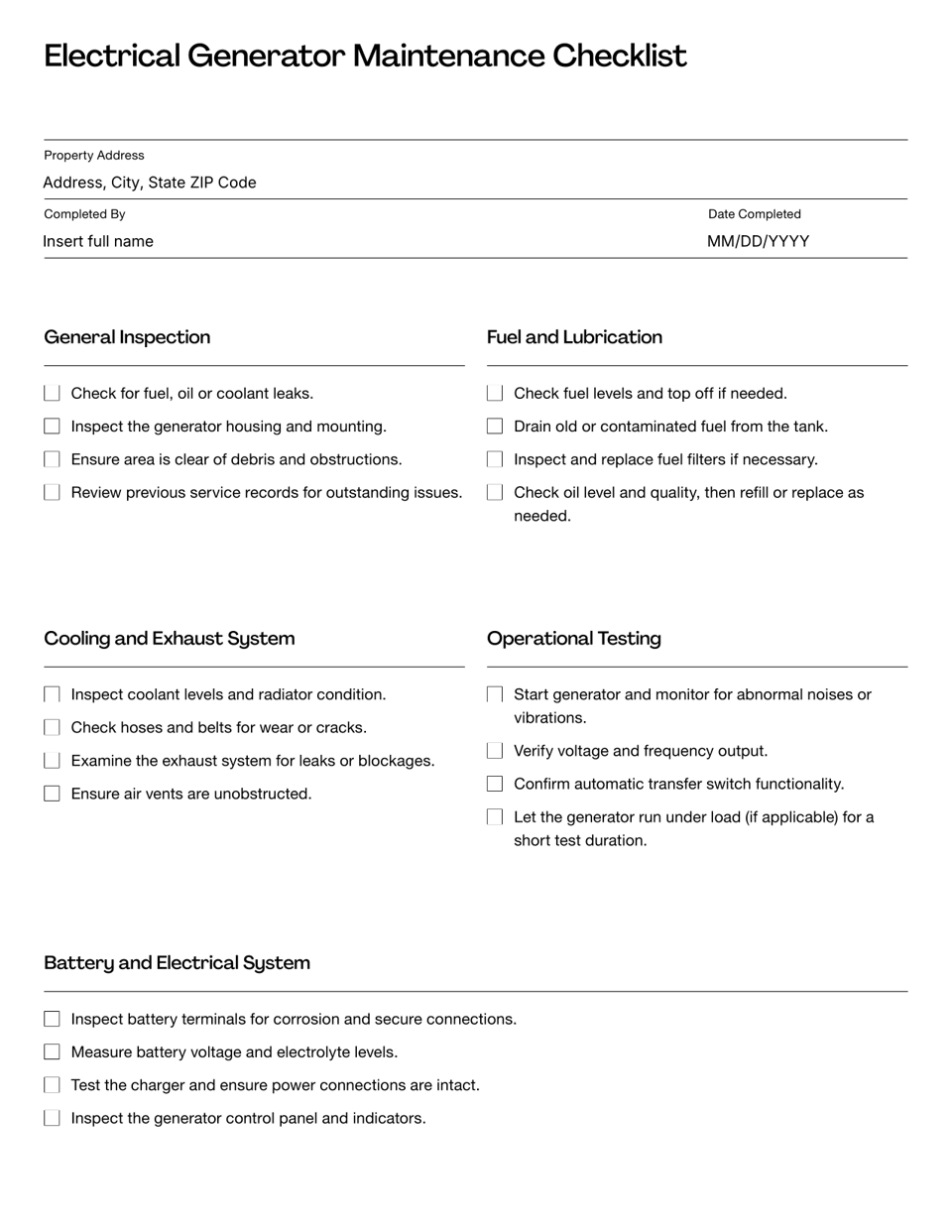 Electrical Generator Maintenance Checklist Template | Fill and sign ...