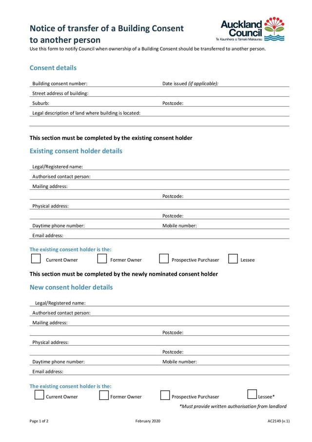 AC2149 Notice Transfer of a Building Consent to Another Person | Fill ...
